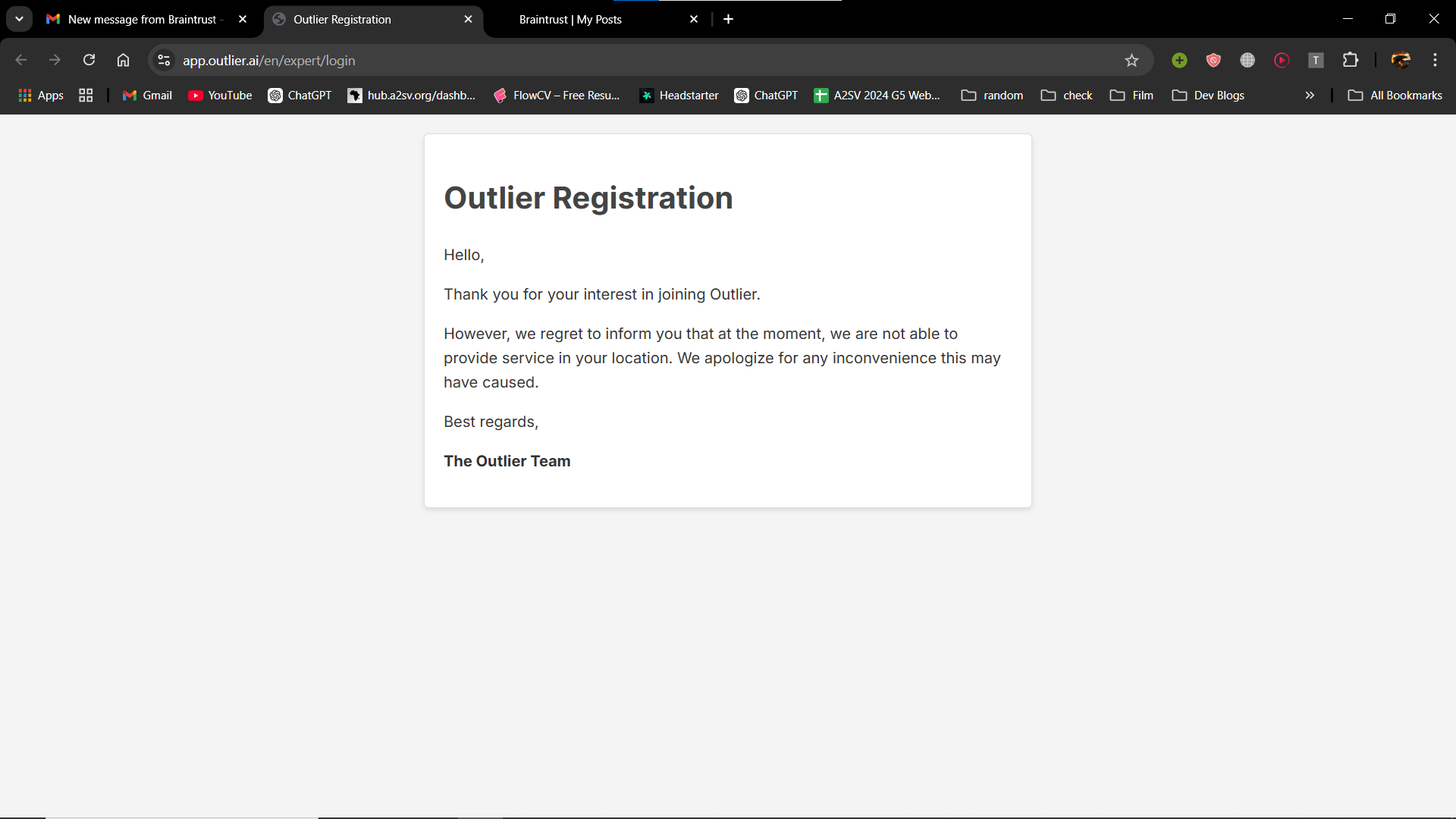 Accessing Outlier: I'm having issue on the registration page. Accessing Outlier: I'm having issue on the registration page.